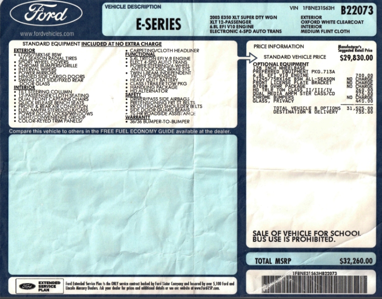 2003 Ford E350 XLT 12 Passenger